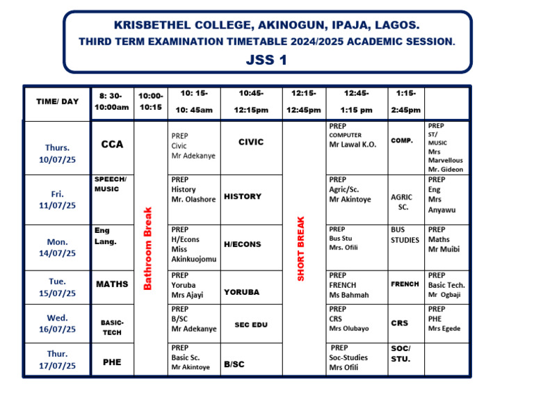 Jss 1 Timetable | PDF