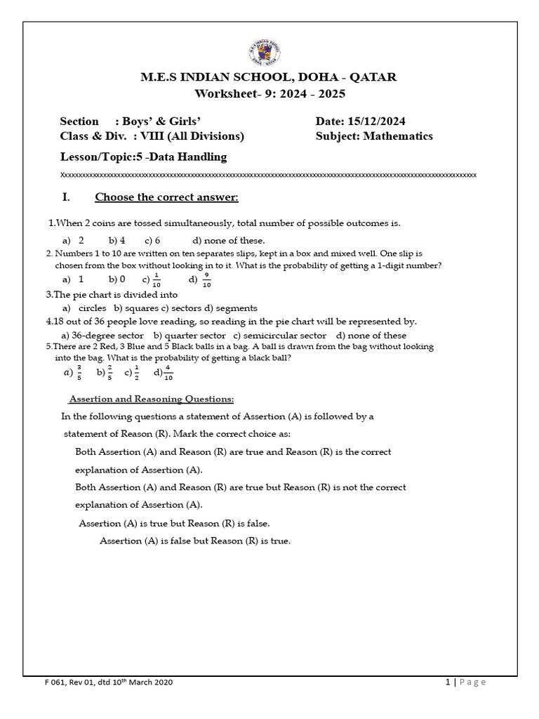 Grade 8 Data Handling Worksheet 2024 | PDF