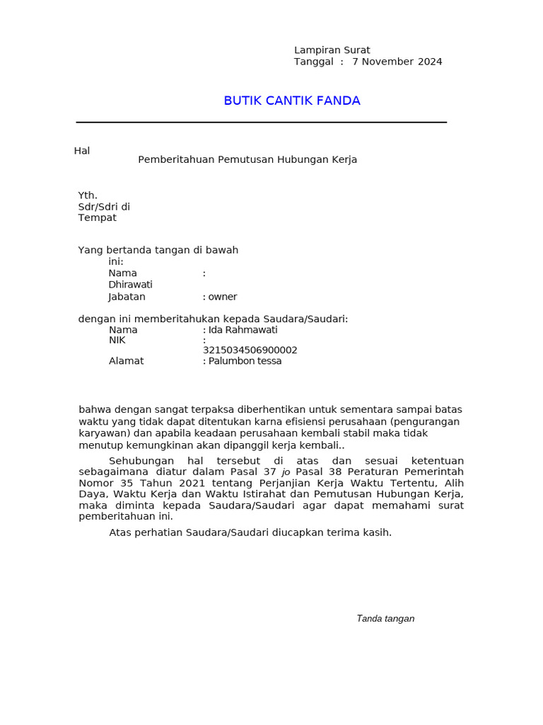 Form Pemberitahuan PHK | PDF