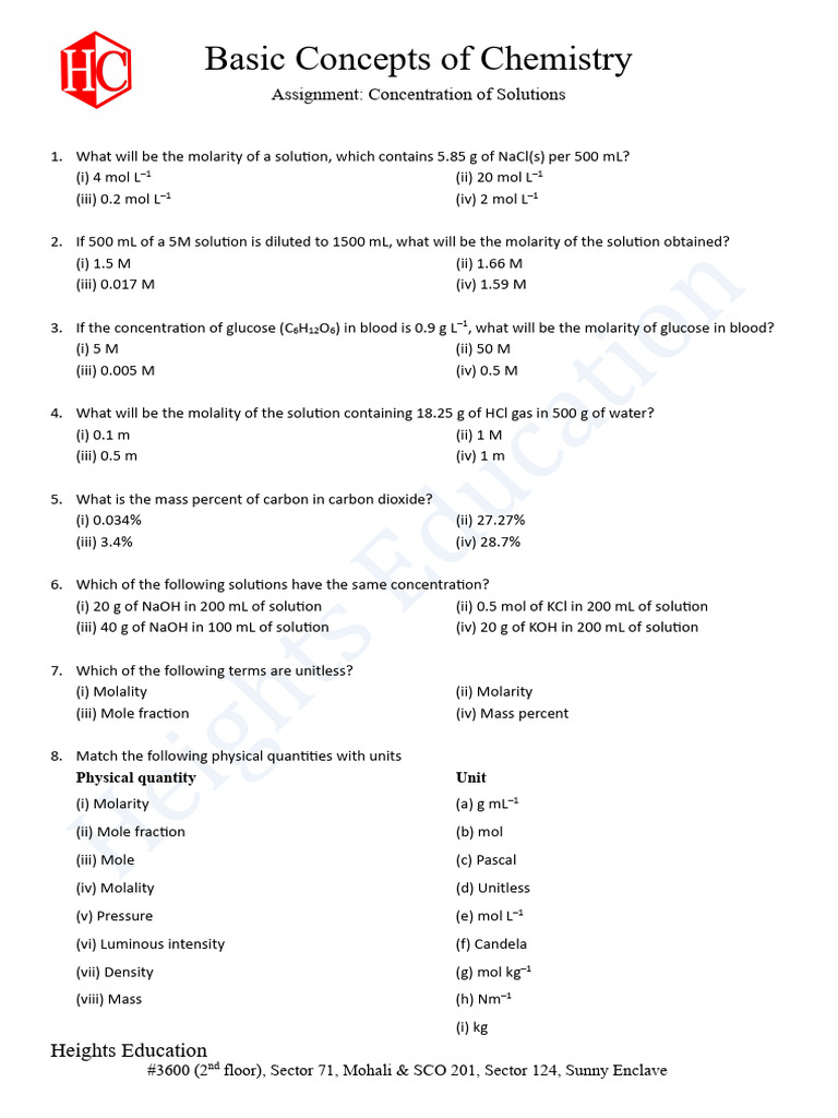 Assignment Concentration of Solutions | PDF | Molar Concentration ...