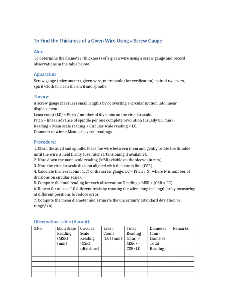 Screw Gauge Experiment Observation Table | PDF