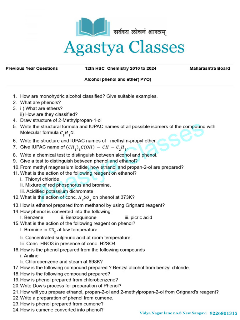 Alcohol Phenol and Ether PYQ - 12th HSC | PDF | Ether | Ethanol