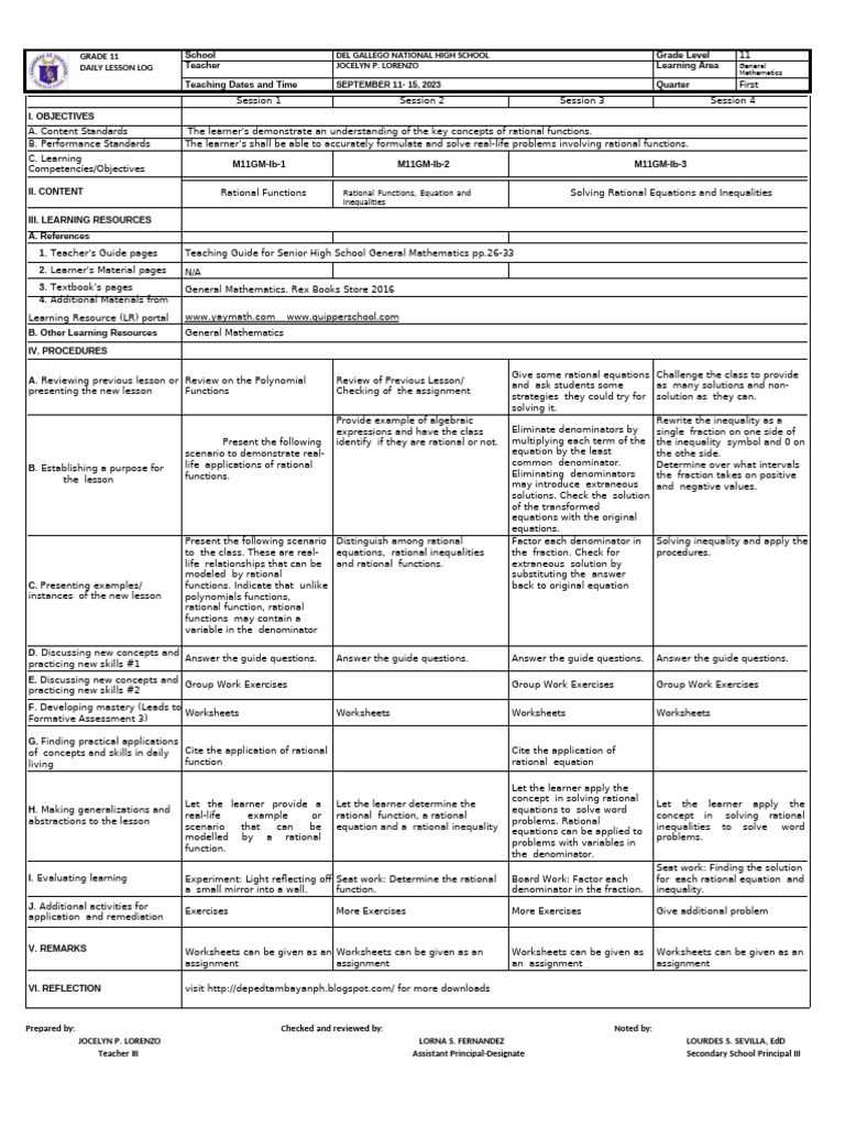 Grade 11 Daily Lesson Log: Rational Functions | PDF | Equations ...