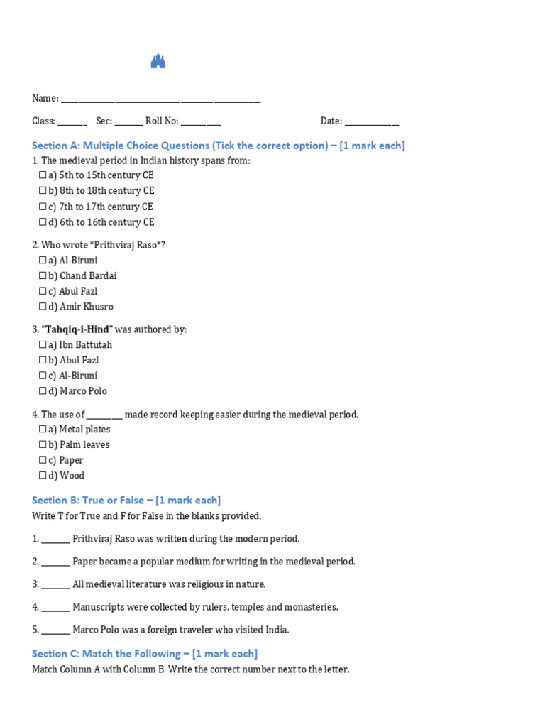 Medieval Period Quiz Worksheet | PDF | Middle Ages