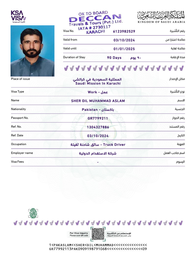 Pakistan Work Visa Details for Sher Dil | PDF