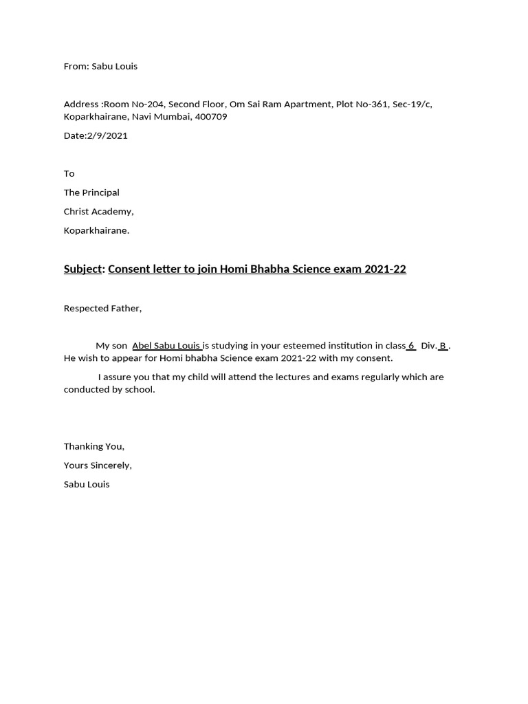 Homi Bhabha Exam Consent Letter | PDF