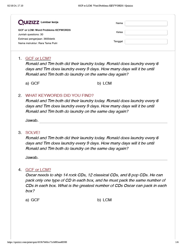 GCF or LCM - Word Problems KEYWORDS - Quizizz | PDF | Chess Openings ...
