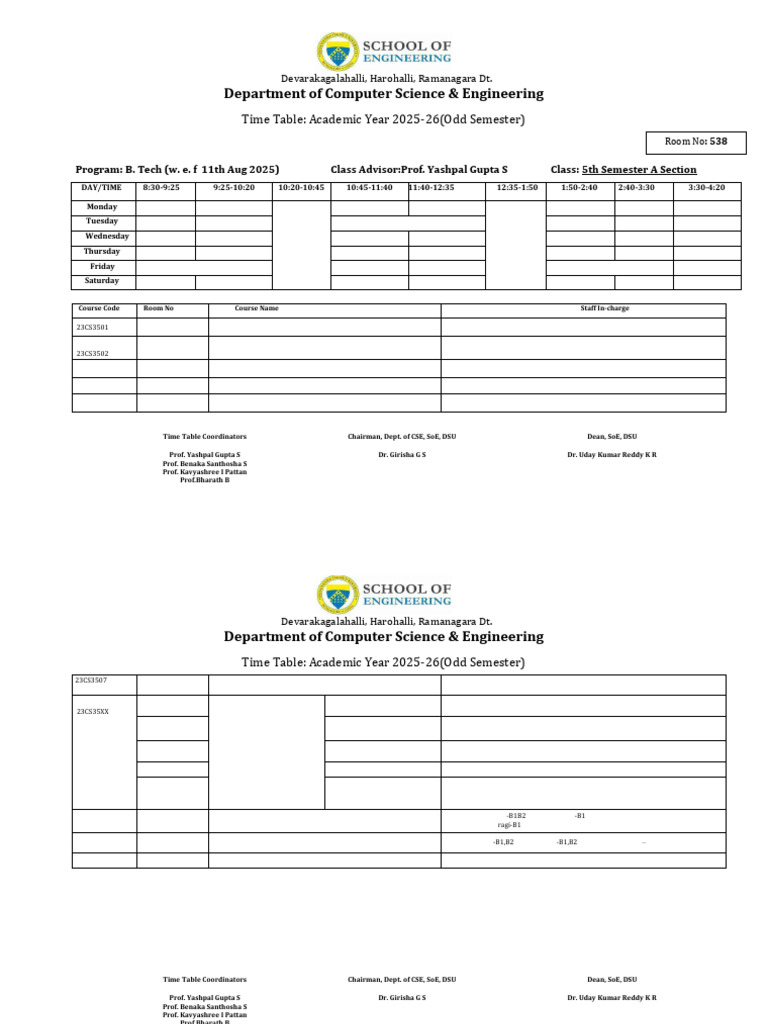 CSE 5th Semester Time Table 2025-26 | PDF | Information Technology ...