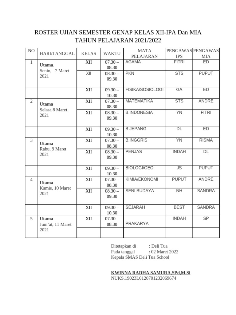 Roster Ujian | PDF