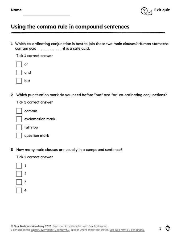 Exit Quiz: Comma Rules in Sentences | PDF