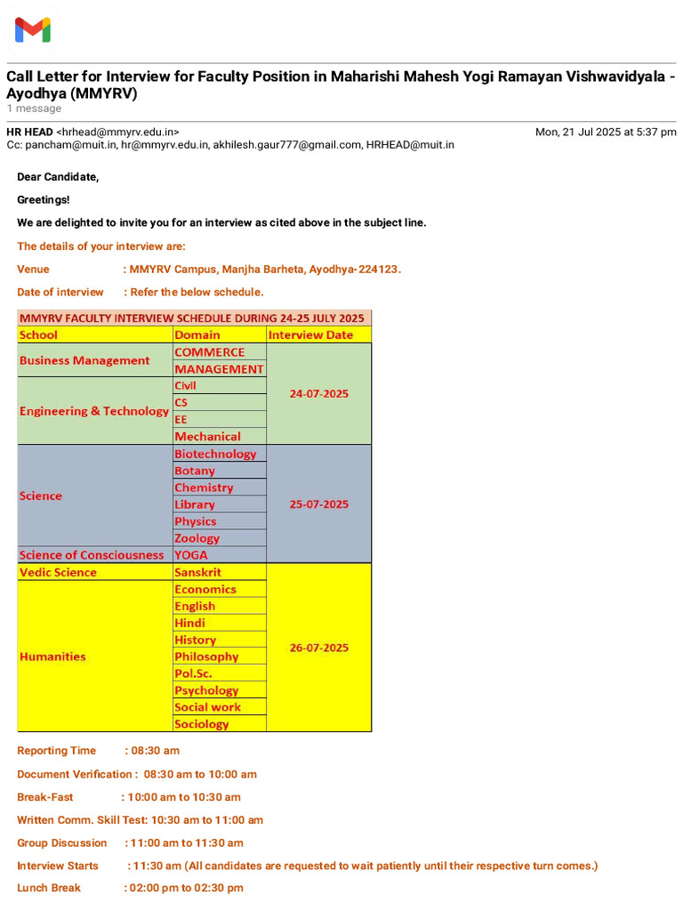 Interview Call for Faculty Position at MMYRV | PDF