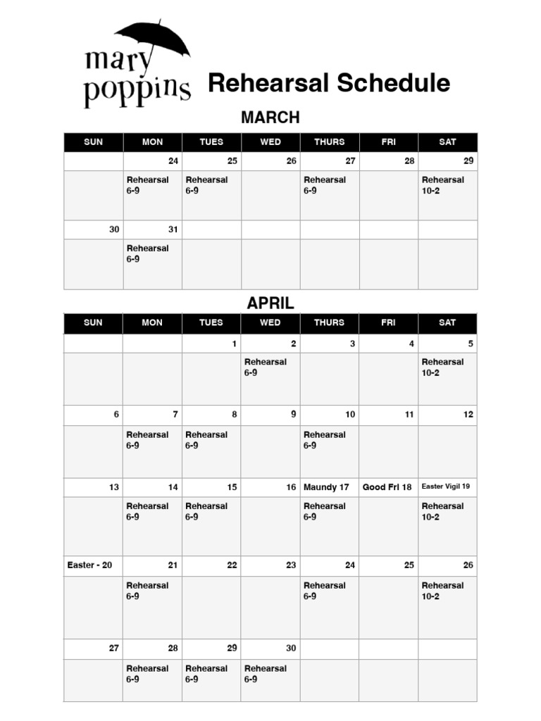 Rehearsal Calendar Overview | PDF | Religious Holidays | March Observances