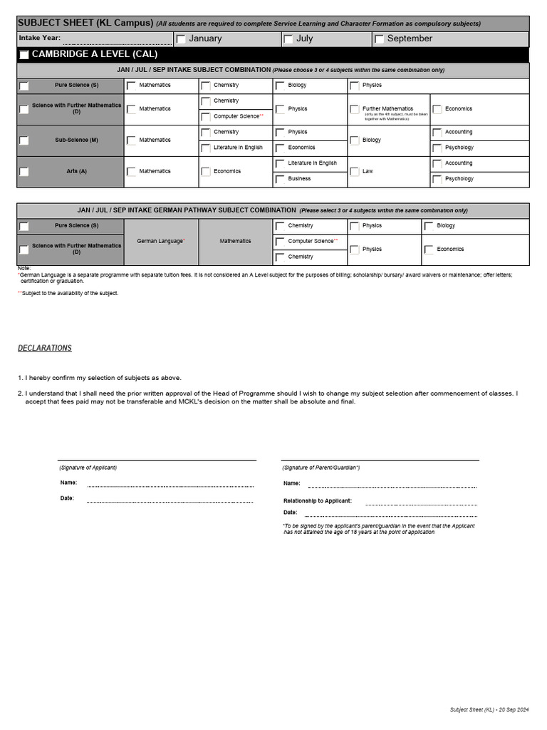 MCKL A Level Subject Choices 2025 | PDF