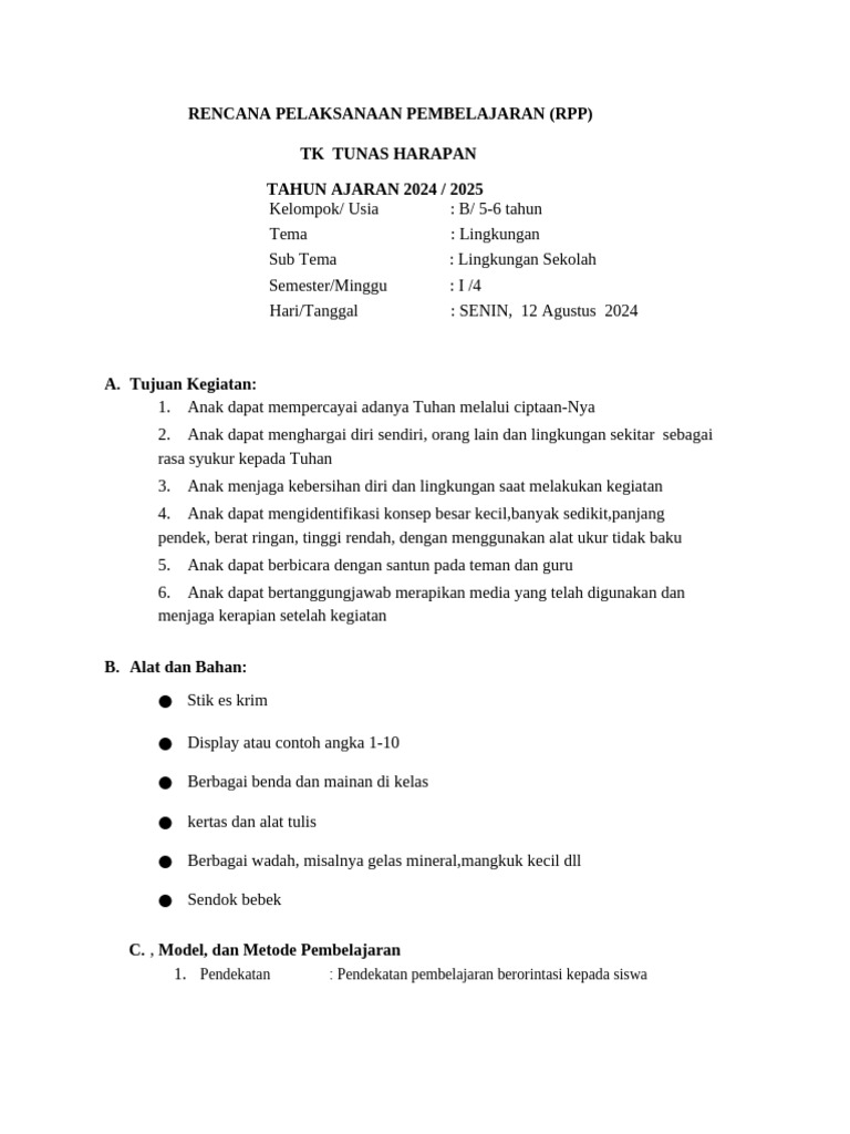 RPP Pembelajaran Lingkungan PAUD 2024 | PDF