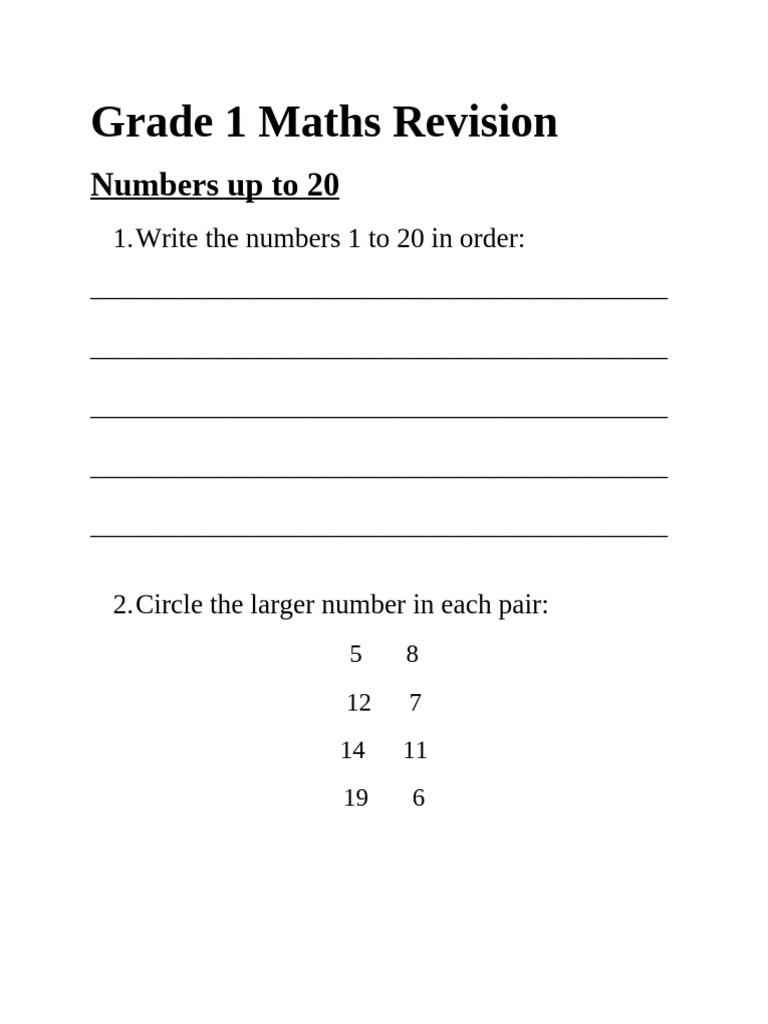 Grade 1 Maths Revision Worksheets | PDF