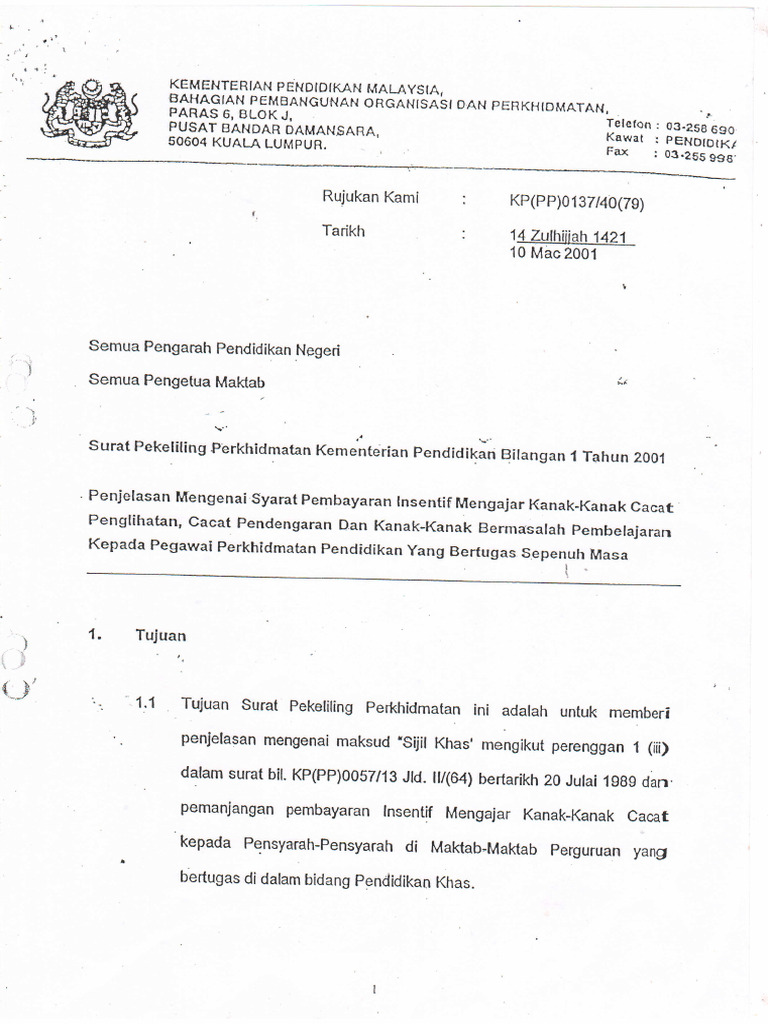 Surat Pekeliling Perkhidmatan Kementerian Pendidikan Bil.1 Tahun 2001 ...