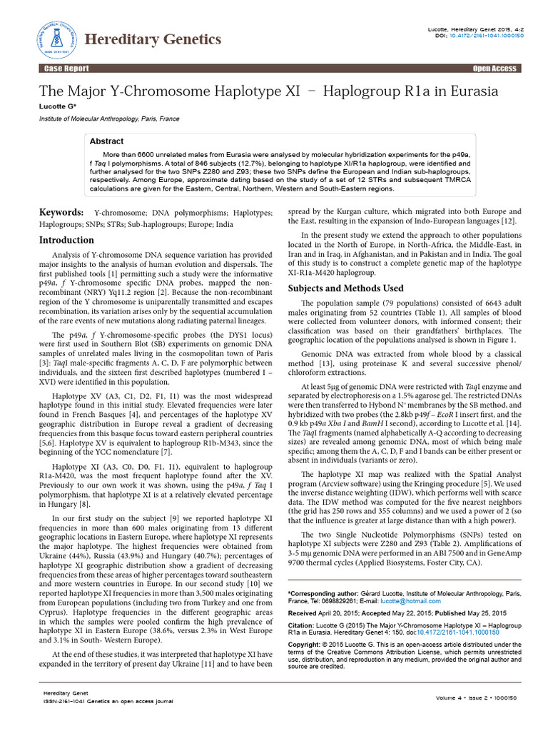 The Major Ychromosome Haplotype Xi Haplogroup R1a in Eurasia 2161 1041 ...