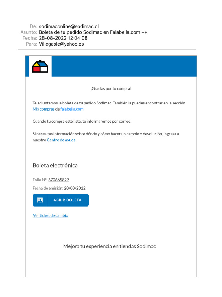 Boleta de Tu Pedido Sodimac en Falabella - Com ++ | PDF