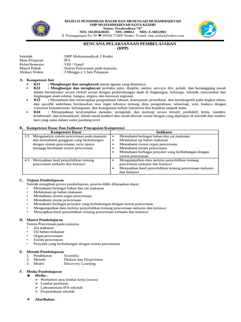 RPP Sistem Pencernaan Pada Manusia | PDF