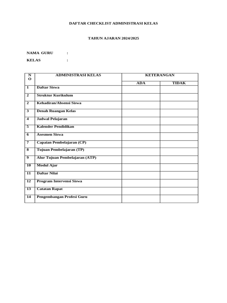 Daftar Checklist Administrasi Kelas | PDF