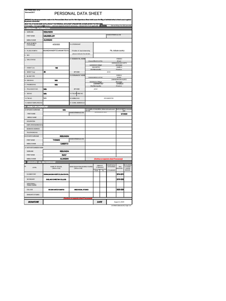 Personal Data Sheet (PDS) Template | PDF | Passport | Government