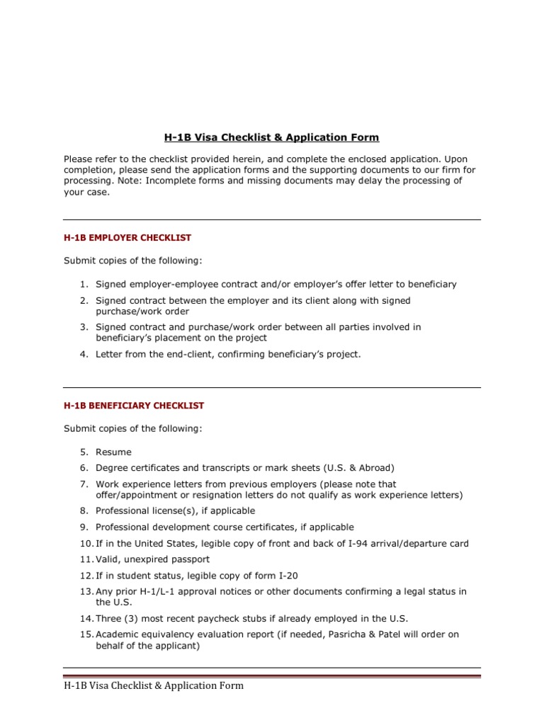 H1B Checklist | PDF | Visa (Document) | H 1 B Visa
