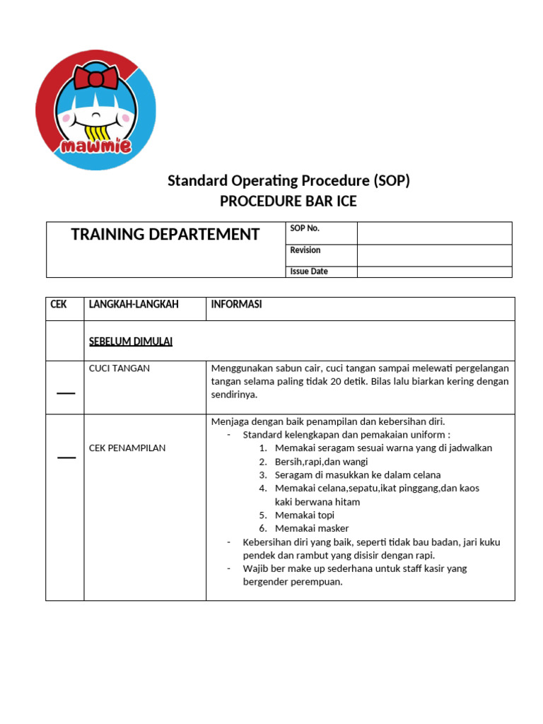 SOP Prosedur Bar Ice dan Kebersihan | PDF