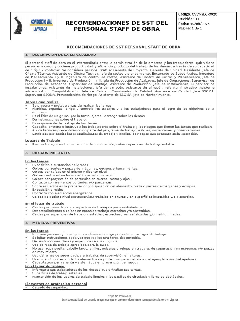 SEG-0020-Rev.00 Recomendaciones de SST Personal Staff de Obra | PDF