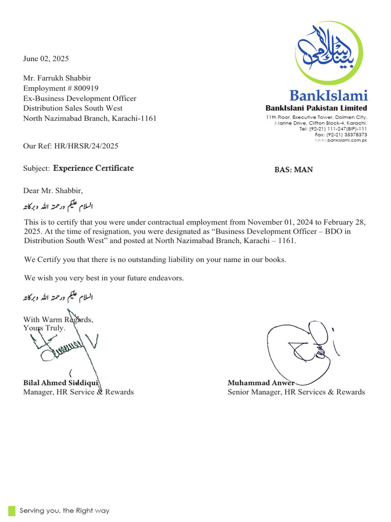 Experience Certificate for Farrukh Shabbir | PDF