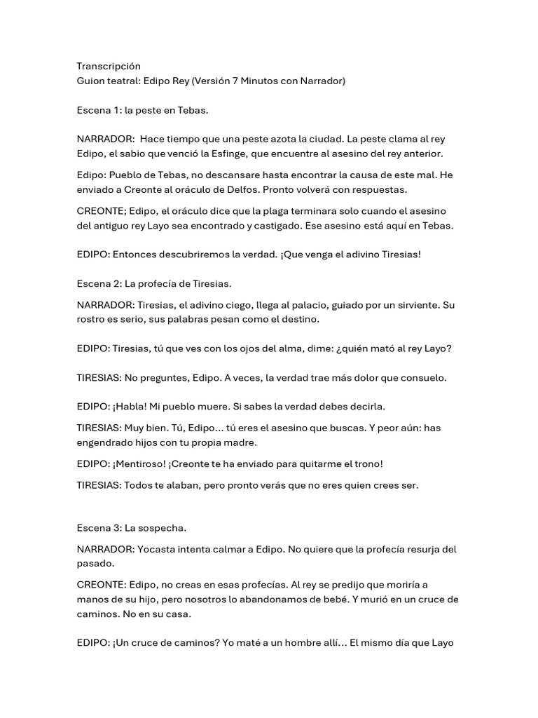TranscripciónGuion Teatral Edipo Rey (Versión 7 Minutos Con | PDF ...