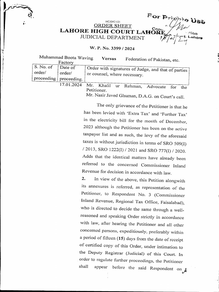 3393 W.P No. 3399-24 Muhammad Boota Weaving Factory J. Abid Hussain Chattha | PDF