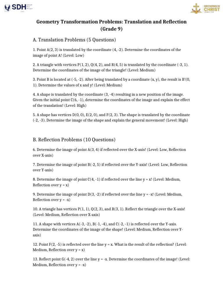 Grade 9 Geometry: Translations & Reflections | PDF