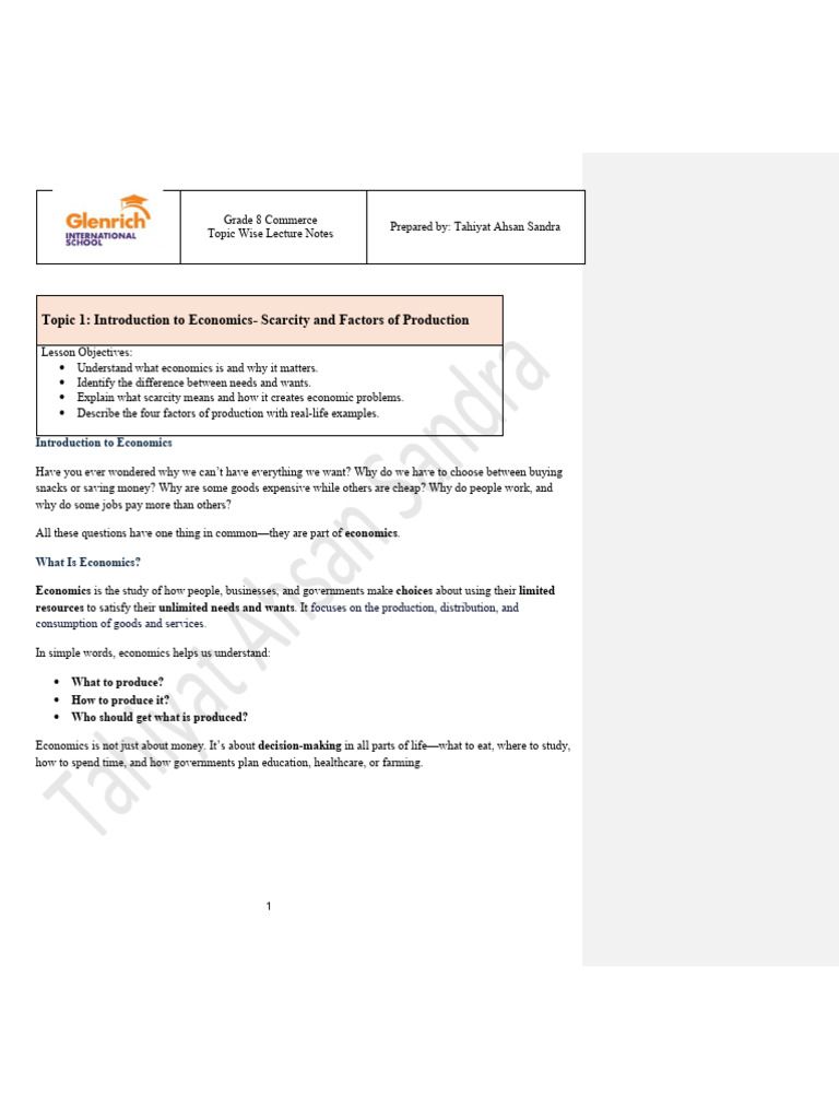 Topic 1 Scarcity and Factors of Production | PDF | Economics | Economies