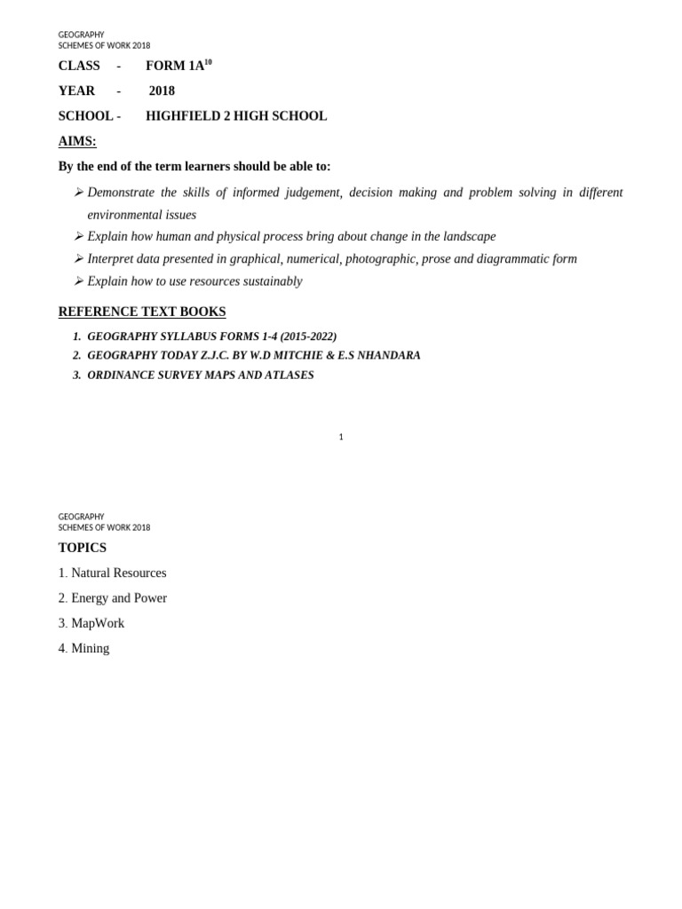 Geo. Form 1 Scheme - Term 2-2017 | PDF | Hydroelectricity