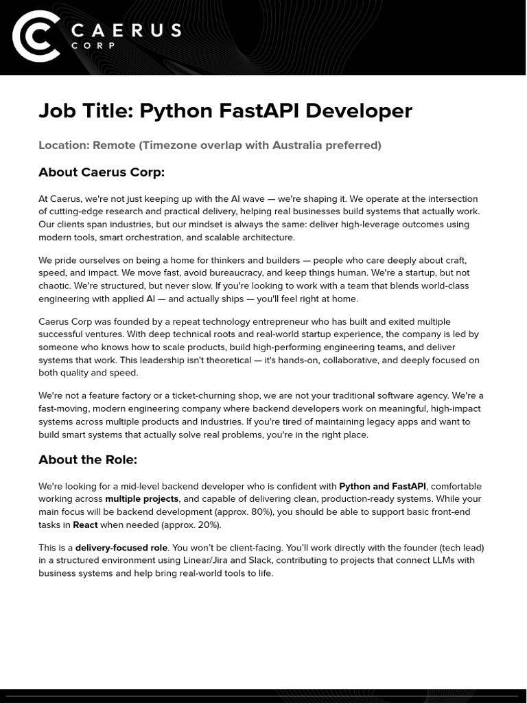Caerus Corp (AI Consultancy) - Python JD | PDF | Postgre Sql | Artificial Intelligence