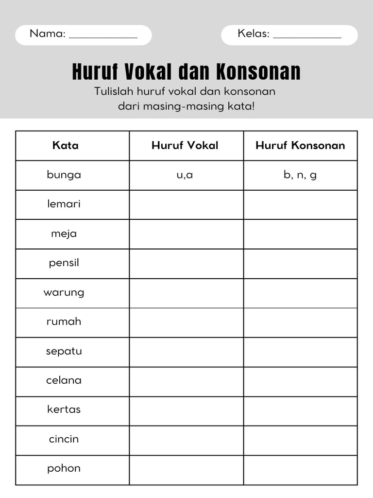Huruf Vokal Dan Konsonan Lembar Kerja Abu Putih Sederhana | PDF