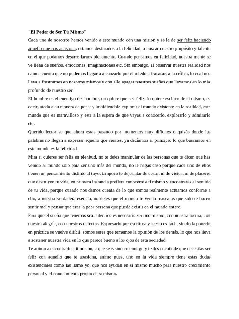 El Poder de Ser Tú Mismo | PDF | Felicidad | Pensamiento