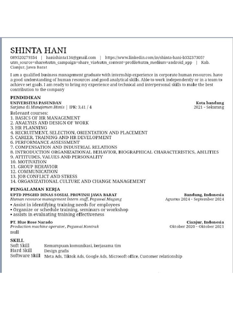 CV Shinta Hani - 214010094 | PDF
