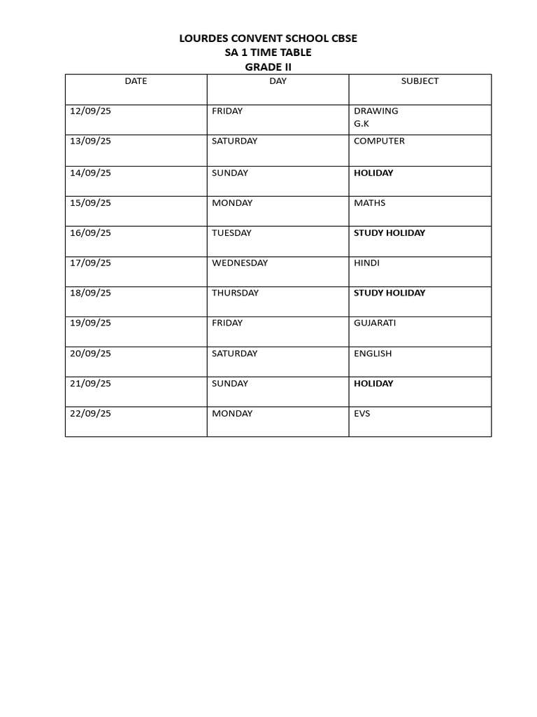 Sa.1 Grade 2 Timetable | PDF