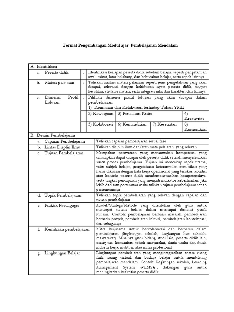 Contoh Format Modul Ajar Pembelajaran Mendalam | PDF