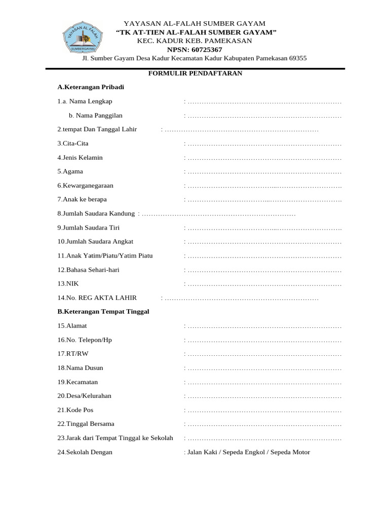 Formulir Pendaftaran TK at-TIEN | PDF