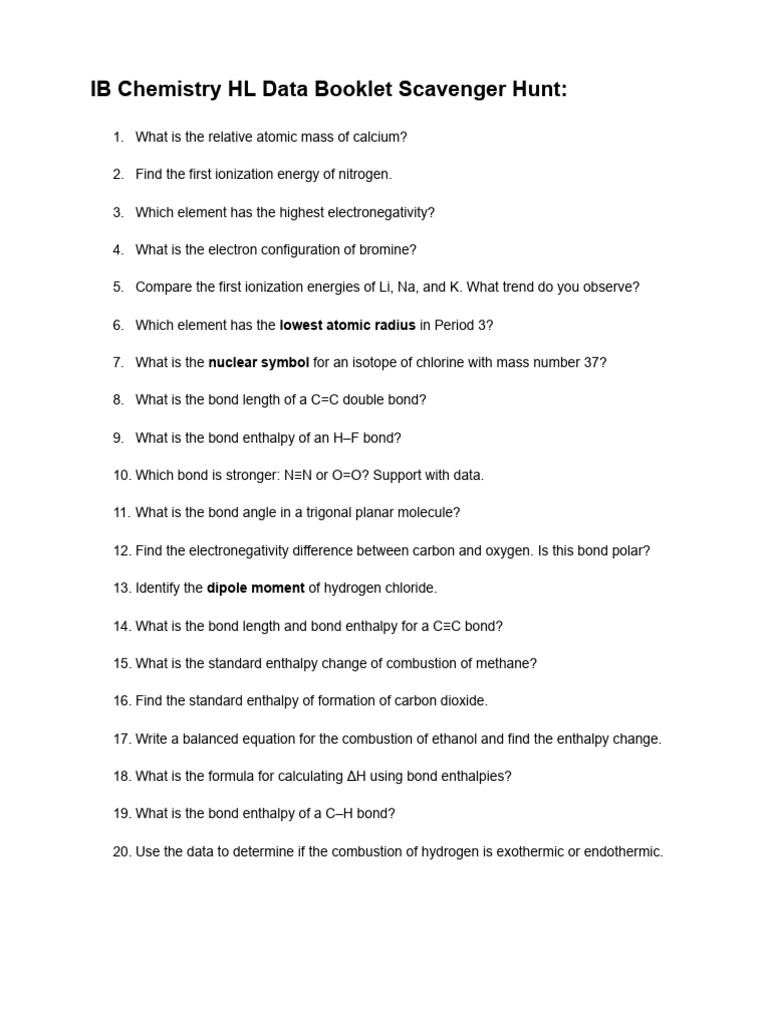 Scavenger Hunt Questions Chemistry | PDF | Chemical Bond | Chemical ...