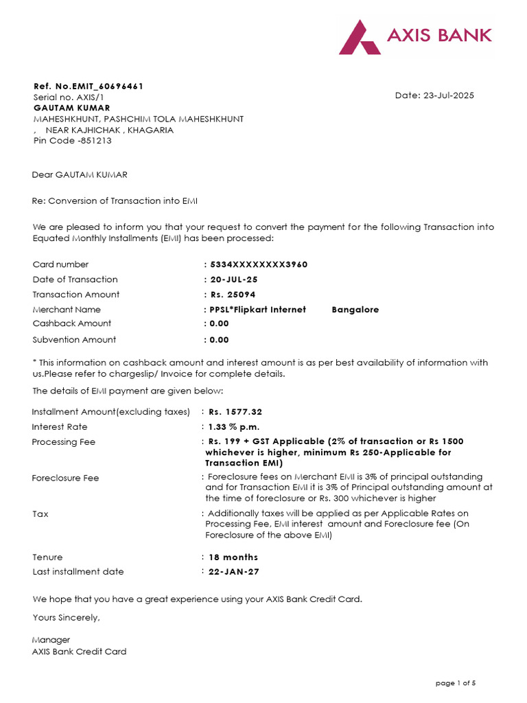 Axis Bank Credit Card EMI Conversion Details | PDF | Credit Card ...