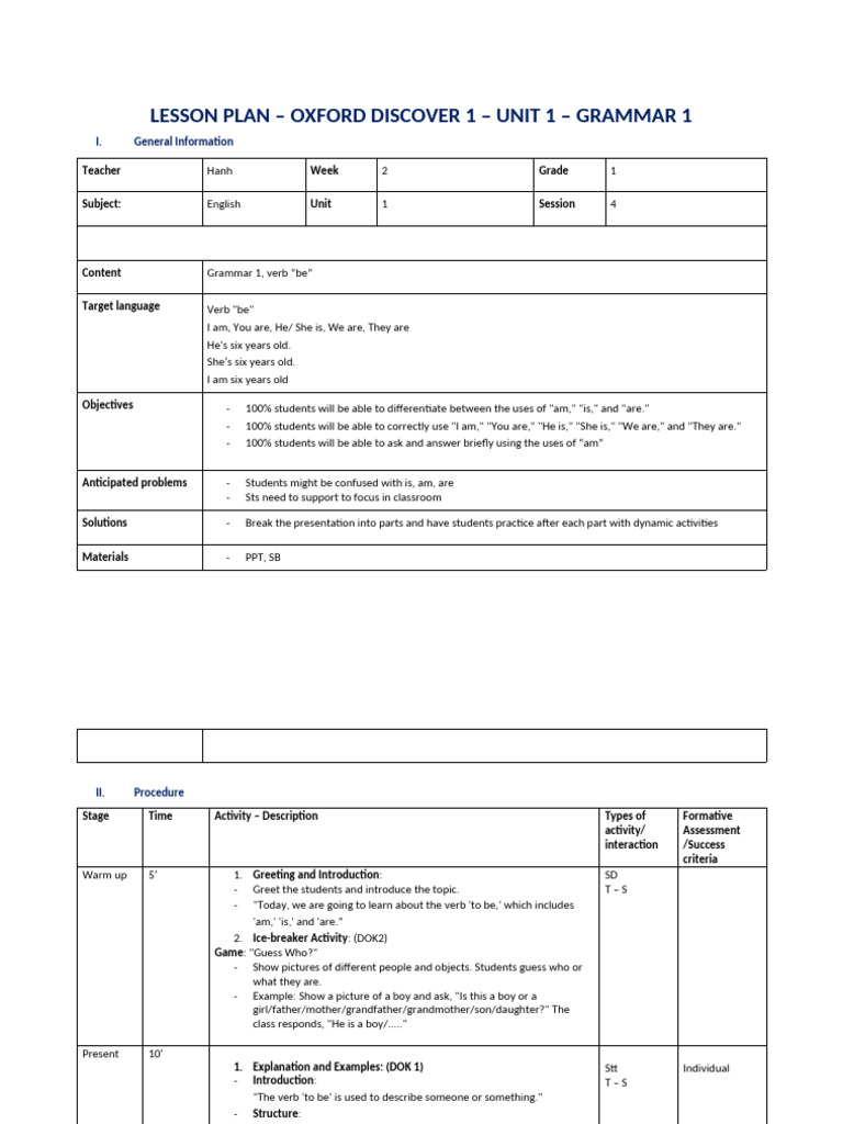Grammar Lesson Plan: Verb "Be" for Kids | PDF | Lesson Plan | Learning