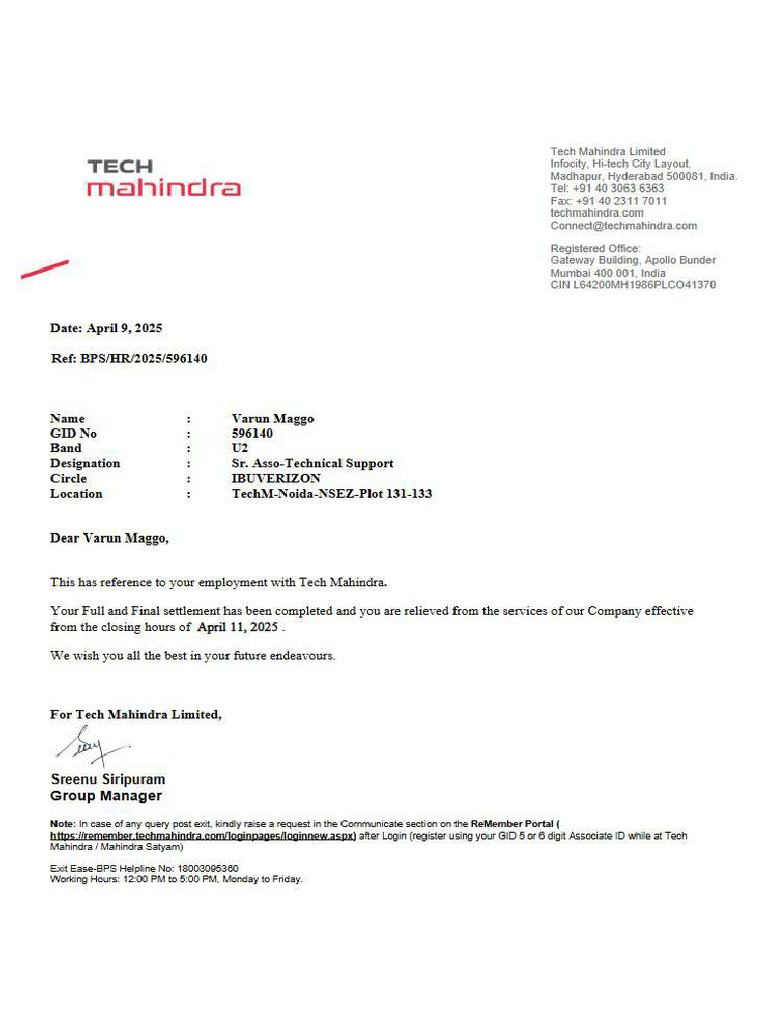 Relieving Letter | PDF