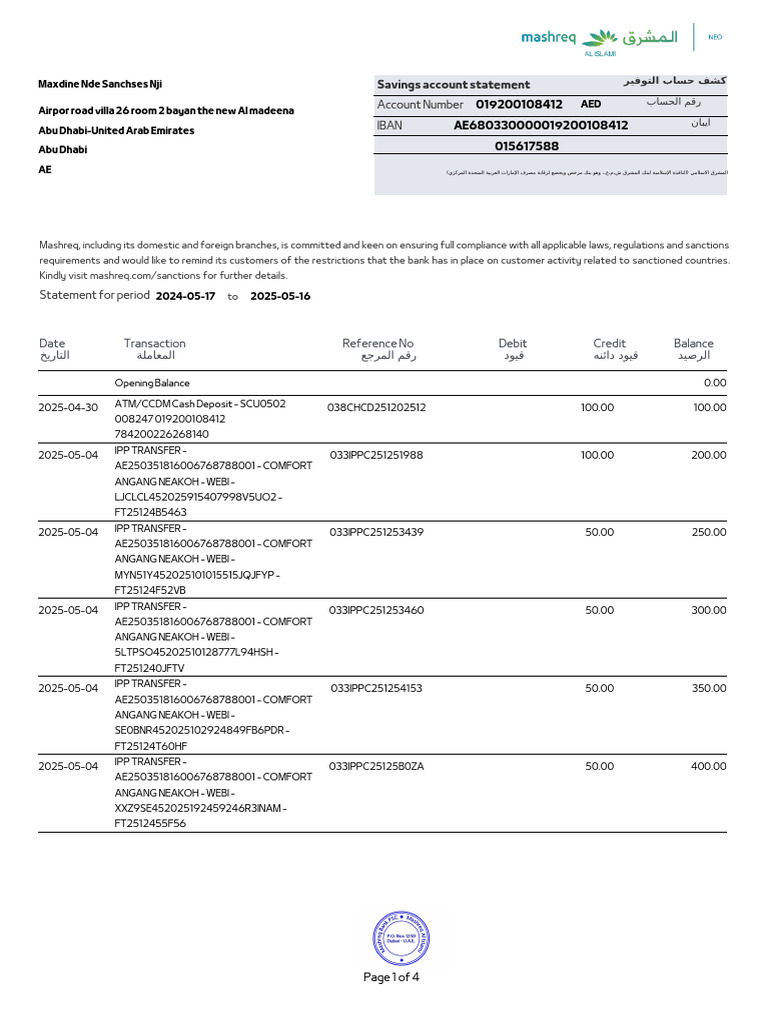 Mashreq Bank Account Statement | PDF | United Arab Emirates | Banks