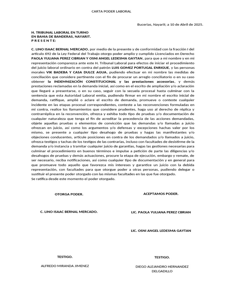 Carta Poder Tribunal Laboral Bucerias Lino Isaac | PDF | Justicia | Crimen y violencia