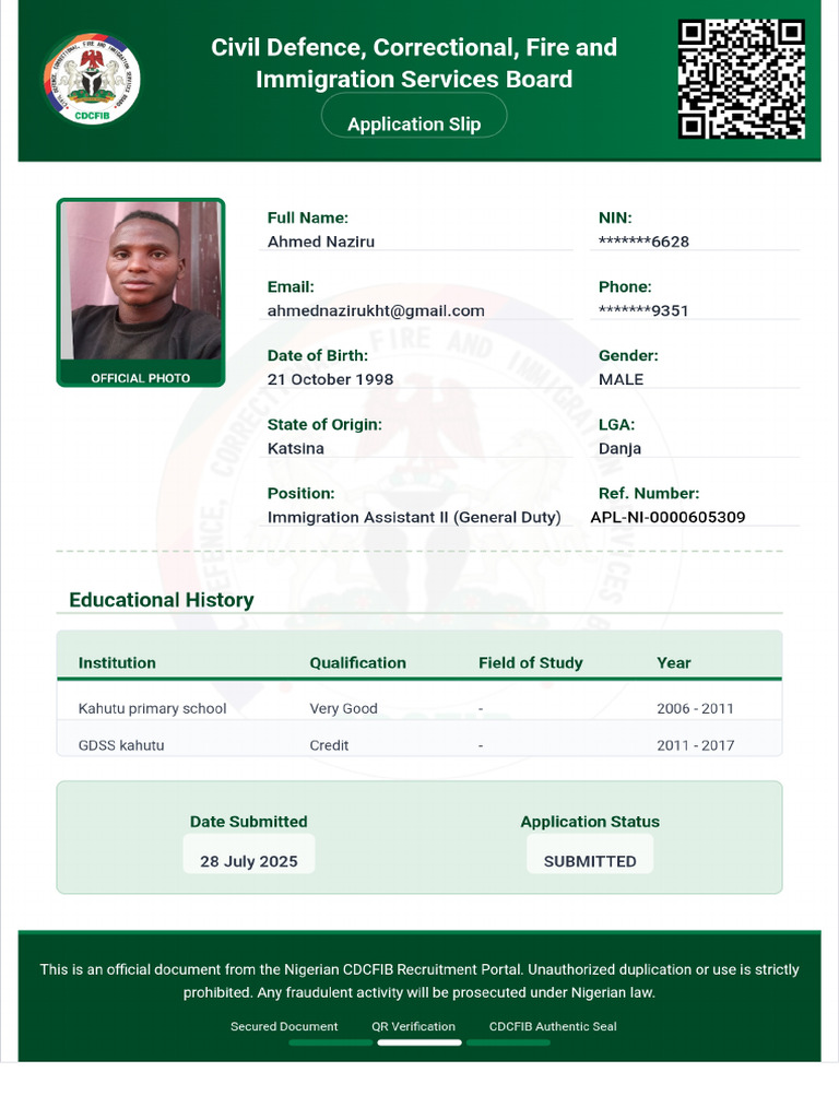 AHMED NAZIRU Application Slip | PDF