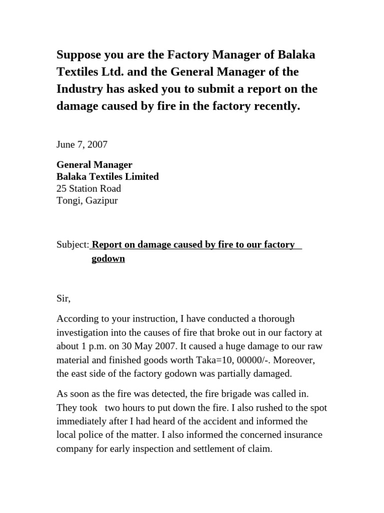 Fire Damage Report for Balaka Textiles | PDF
