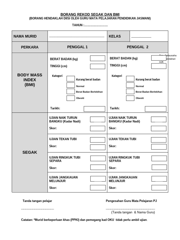Rekod BMI dan Segak Murid 5-9 Tahun | PDF